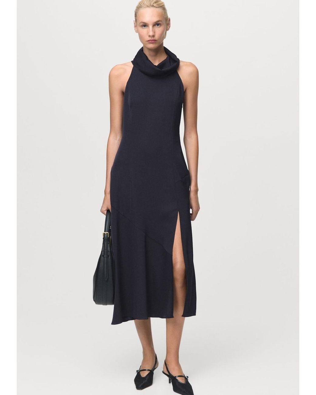 Mango Draped Neck Dress With Opening in Blue | Lyst