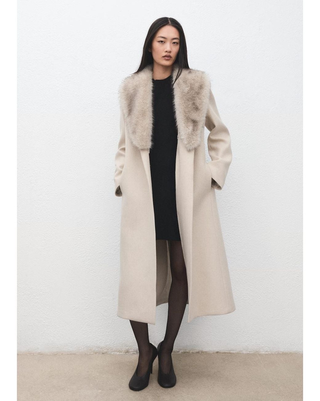Mango Manteco Wool Coat With Fur Collar in Natural | Lyst