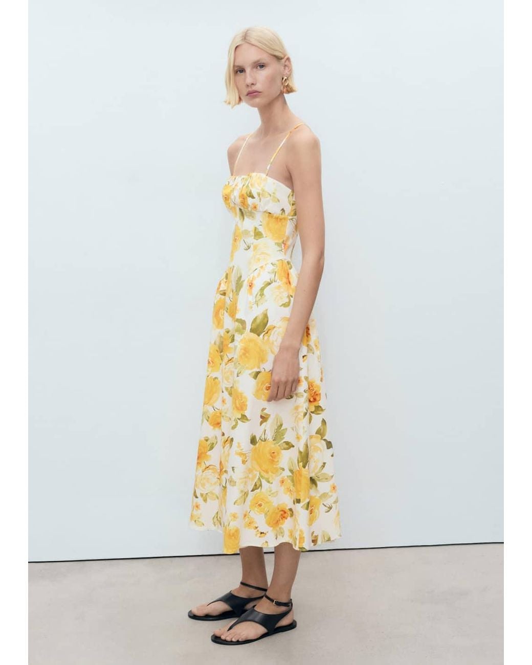 Mango Floral Midi-Dress With Gathered Neckline in White | Lyst