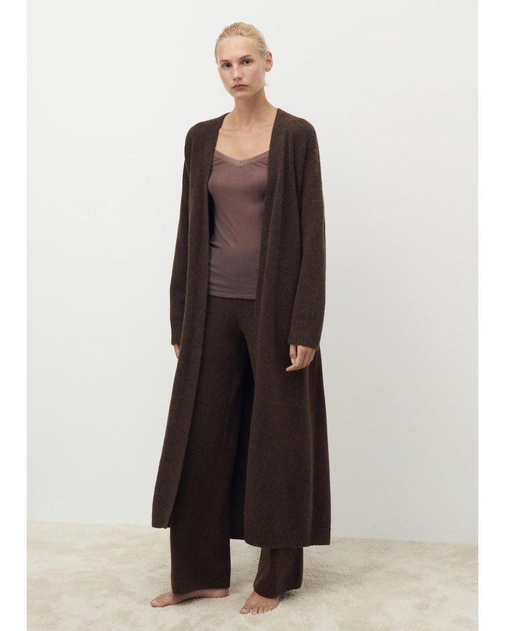 Mango Long Knit Cardigan in Brown | Lyst