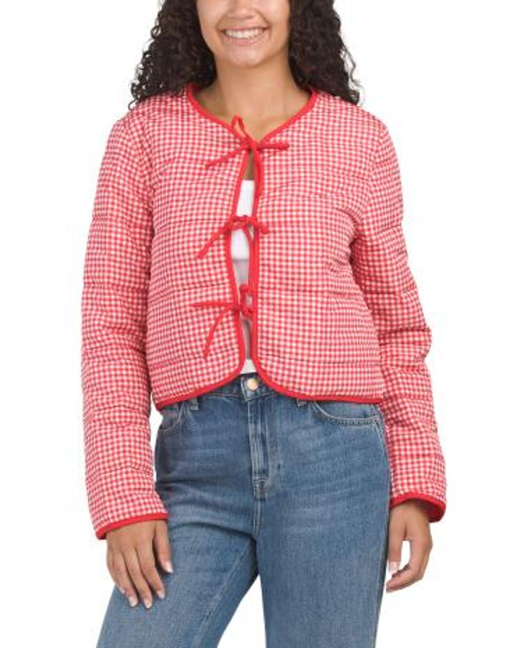 Marshalls Quilted Gingham Jacket With Tie Front For in Red | Lyst