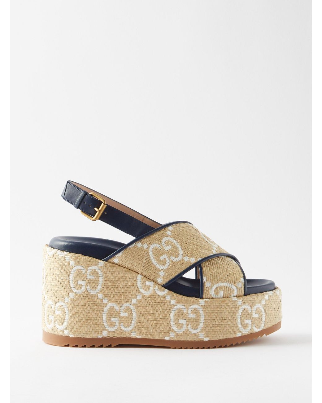 Gucci Angelina Gg-monogram Canvas Wedge Sandals | Lyst