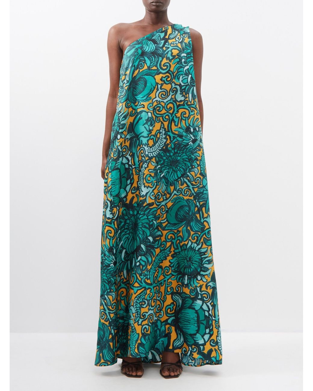La Doublej Roy One Shoulder Floral Print Silk Maxi Dress In Green Lyst