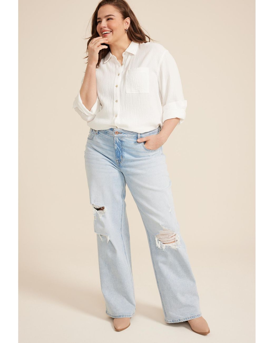 maurices Plus Size Jeans Edgely High Rise Ripped Wide Leg Jeans in ...