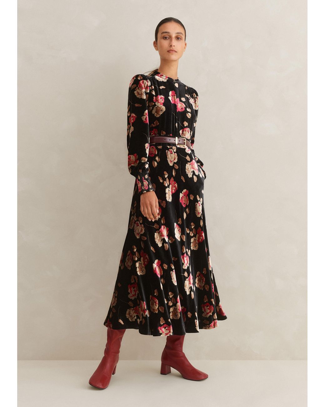 ME+EM Silk-blend Velvet Tea Rose Print Midi Dress in Natural | Lyst