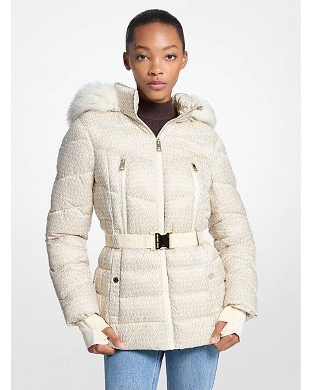Michael Kors Faux Fur Trim Belted Puffer Jacket in Natural | Lyst