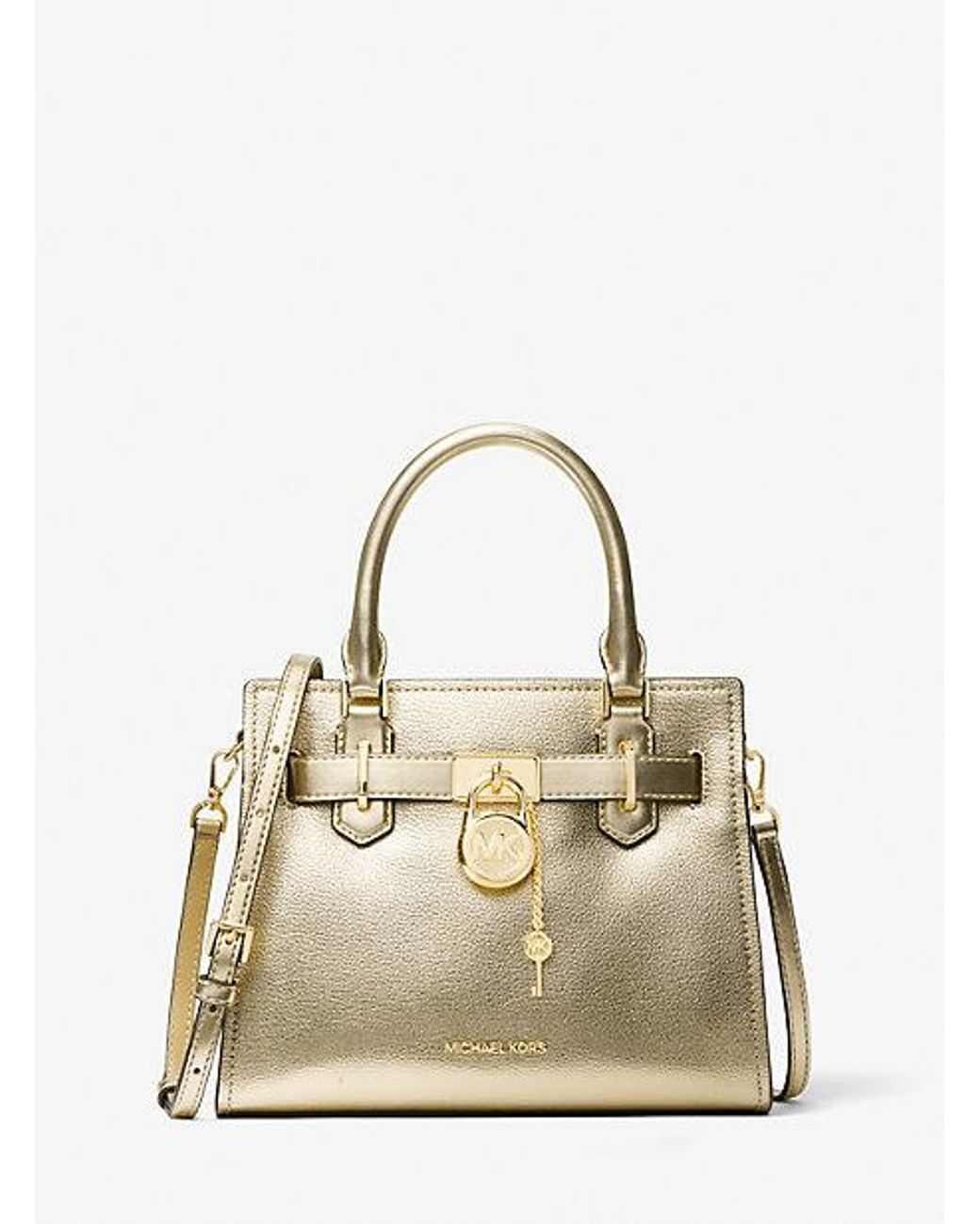 Michael Kors Hamilton Small Metallic Leather Satchel in Natural | Lyst