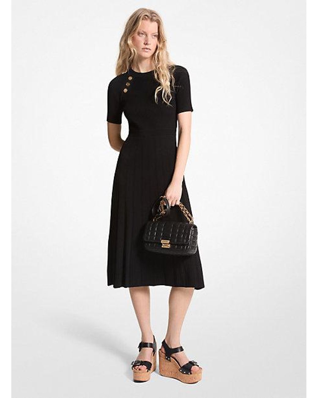 MICHAEL Michael Kors Mk Ribbed Stretch Knit Button Midi Dress in Black ...
