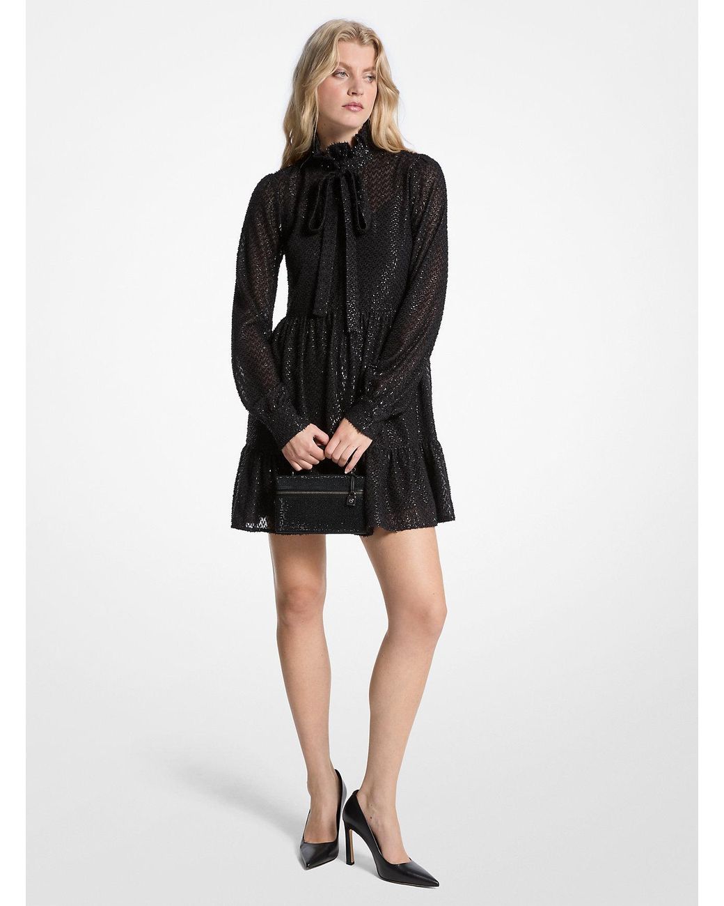 Michael Kors Mk Metallic Clip Jacquard Tie-Neck Dress in Black | Lyst UK