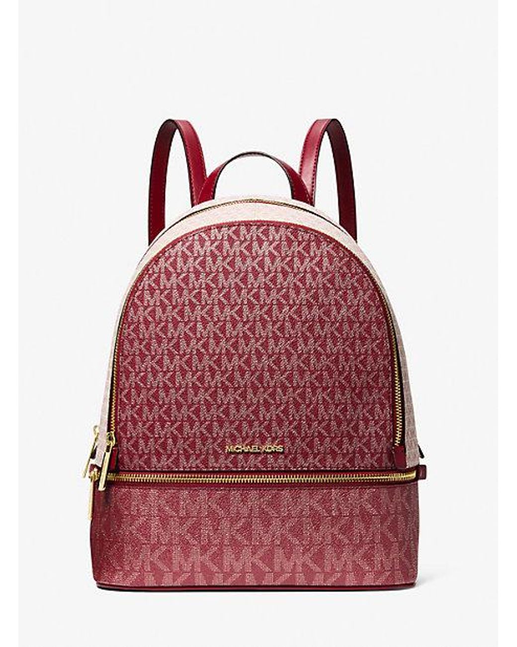 Michael Kors Rhea Medium Metallic Signature Logo Backpack in Red | Lyst