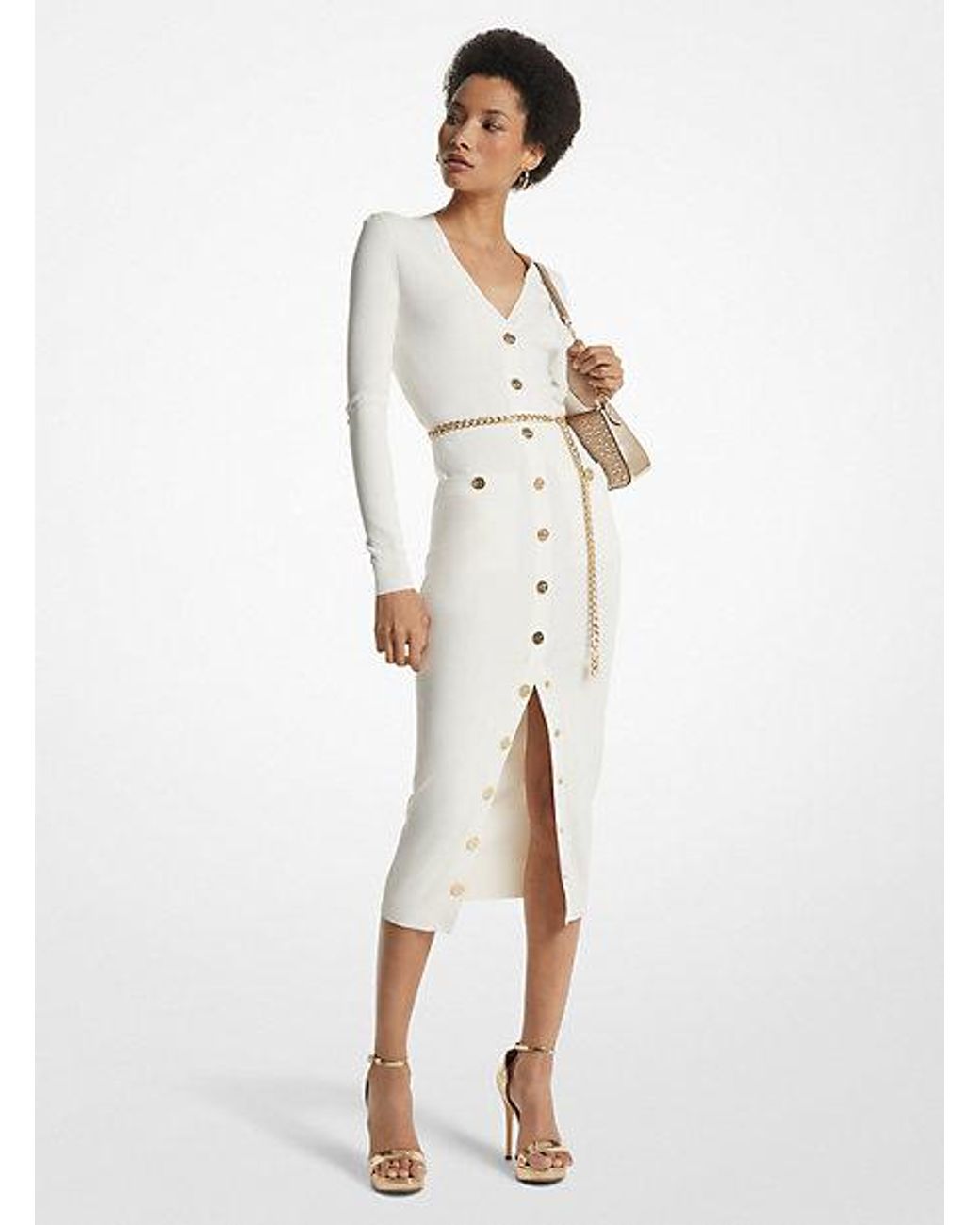 MICHAEL Michael Kors Stretch Viscose Belted Midi Dress in White Lyst UK