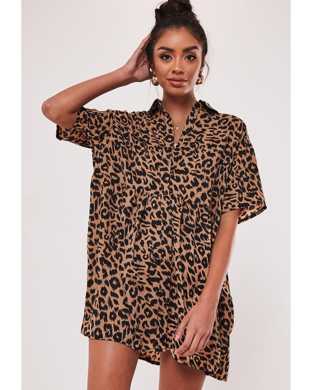 Missguided Synthetic Leopard Print Smock Dress In Brown Lyst