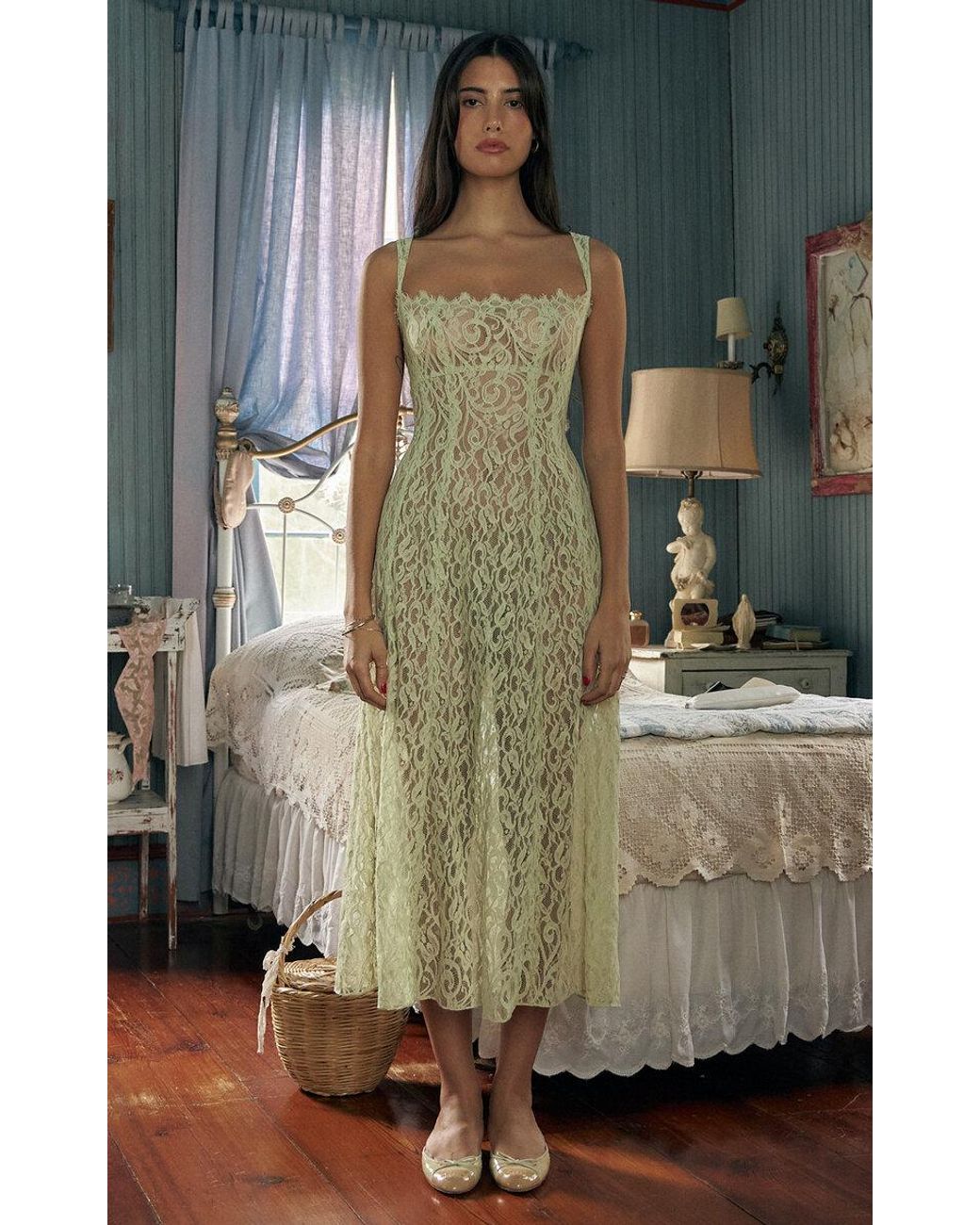 Mirror Palais The Macaron Lace Midi Dress in Green | Lyst