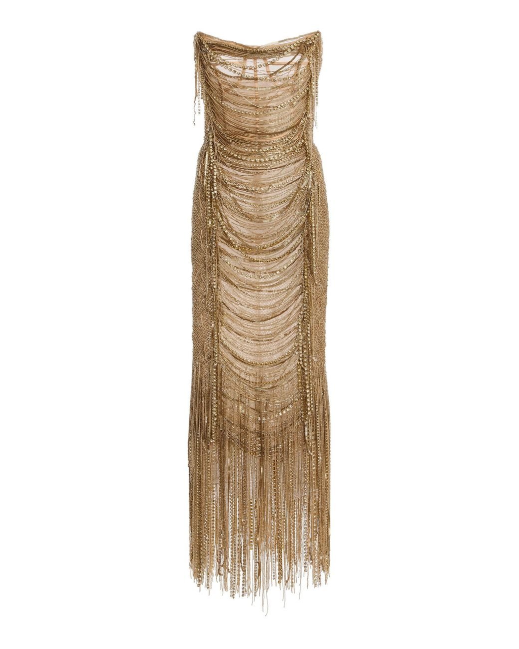 Oscar de la Renta Strapless Bugle Loops Maxi Cocktail Dress in Natural ...