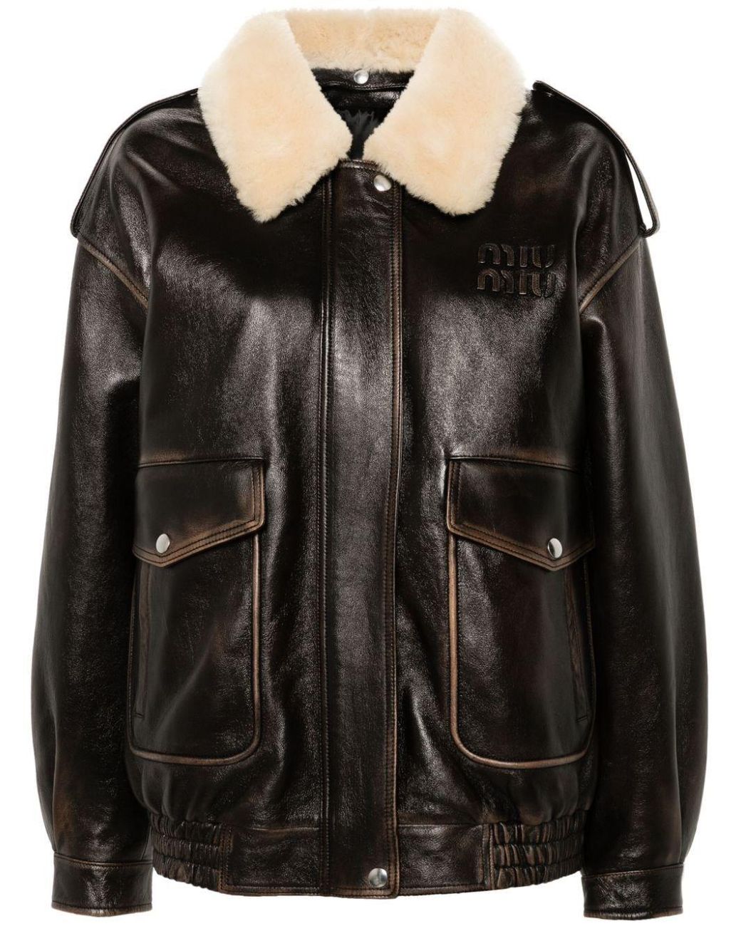 Miu Miu Logo-Lettering Leather Jacket in Black | Lyst