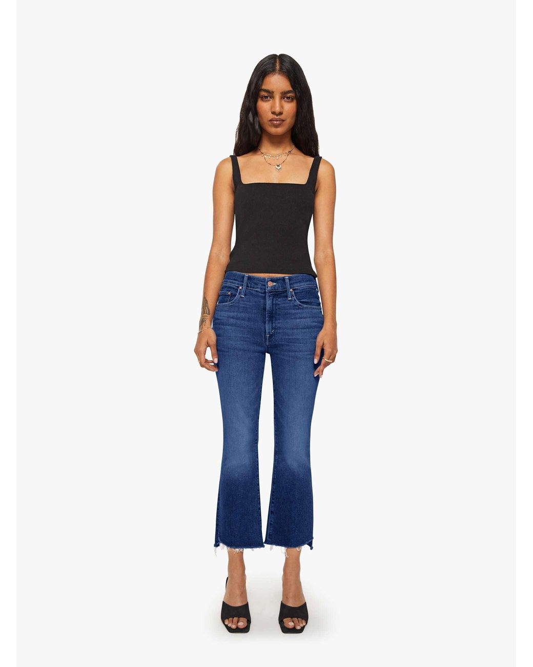 Mother Petites The Lil Insider Crop Step Fray Off Limits Jeans in Blue ...