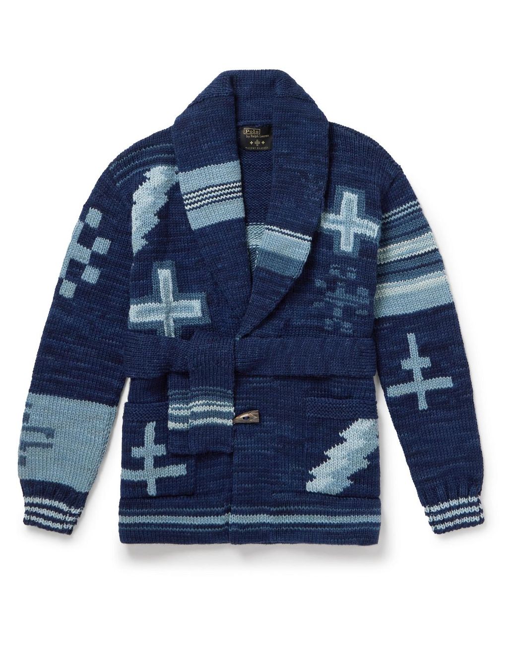 Polo Ralph Lauren Naiomi Glasses Shawl-collar Belted Jacquard-knit Wool Cardigan in Blue for Men ...