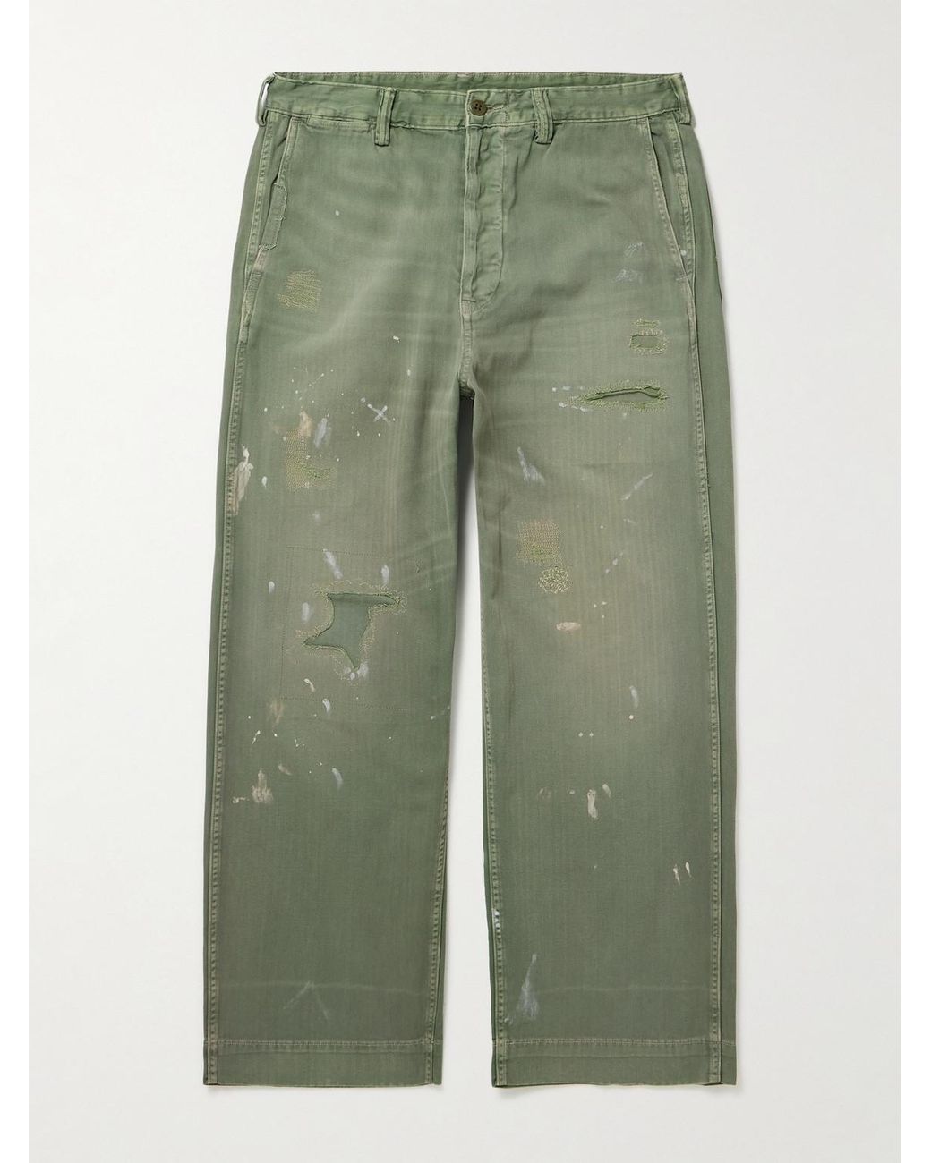 Polo Ralph Lauren Burroughs Straight-leg Distressed Herringbone Cotton-twill Trousers in Green ...