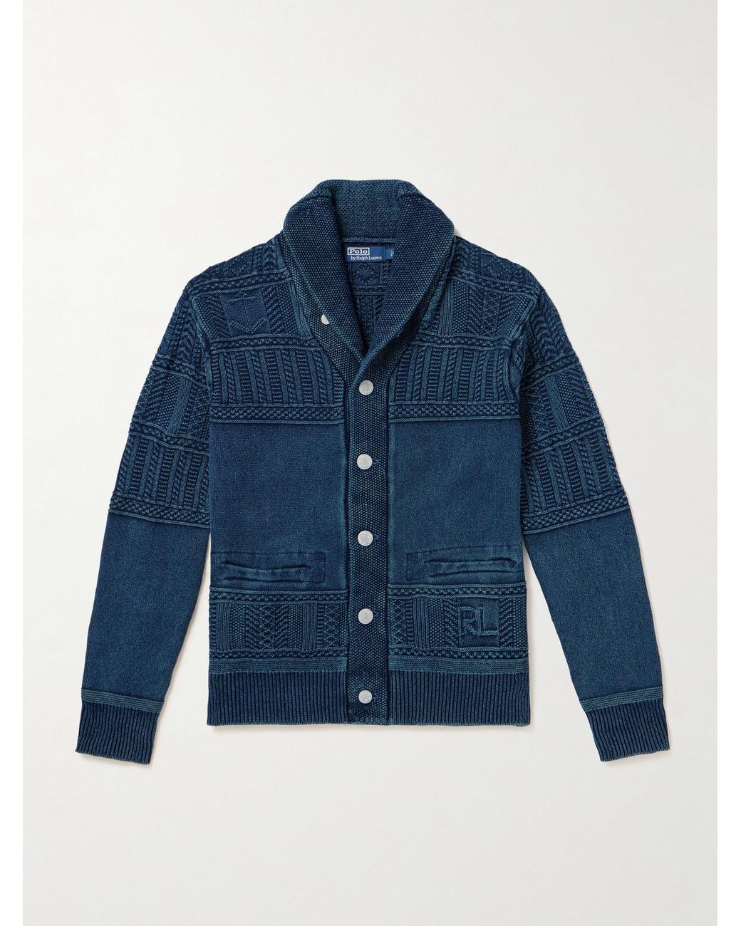 Polo Ralph Lauren Shawl-Collar Panelled Cable-Knit Cotton Cardigan in Blue for Men | Lyst UK