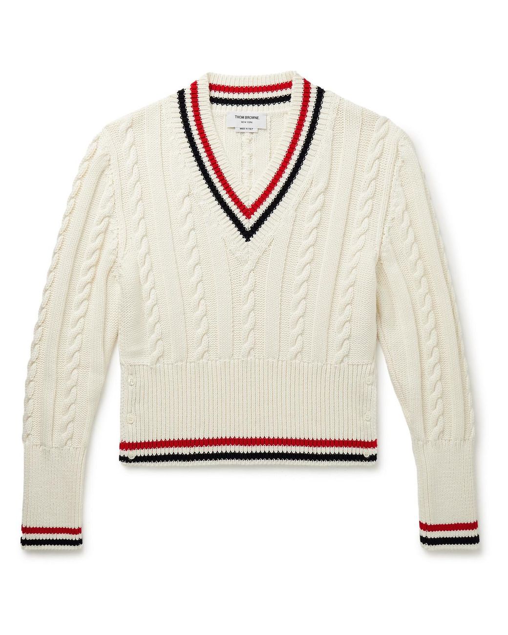 Thom Browne Slim-Fit Cropped Striped Cable-Knit Cotton Sweater in White for Men | Lyst