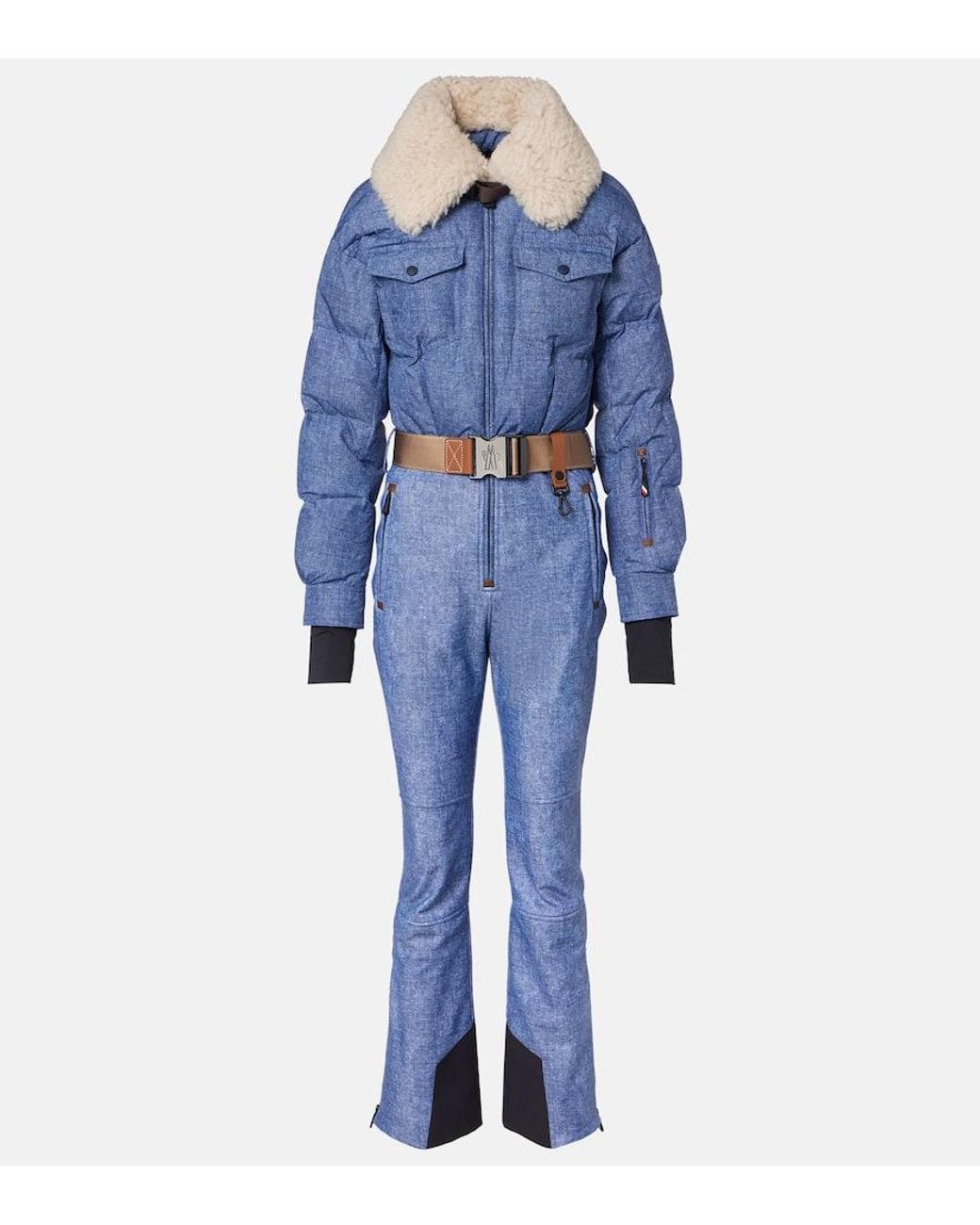 Moncler Belted Shearling-Trimmed Down Ski Suit in Blue | Lyst