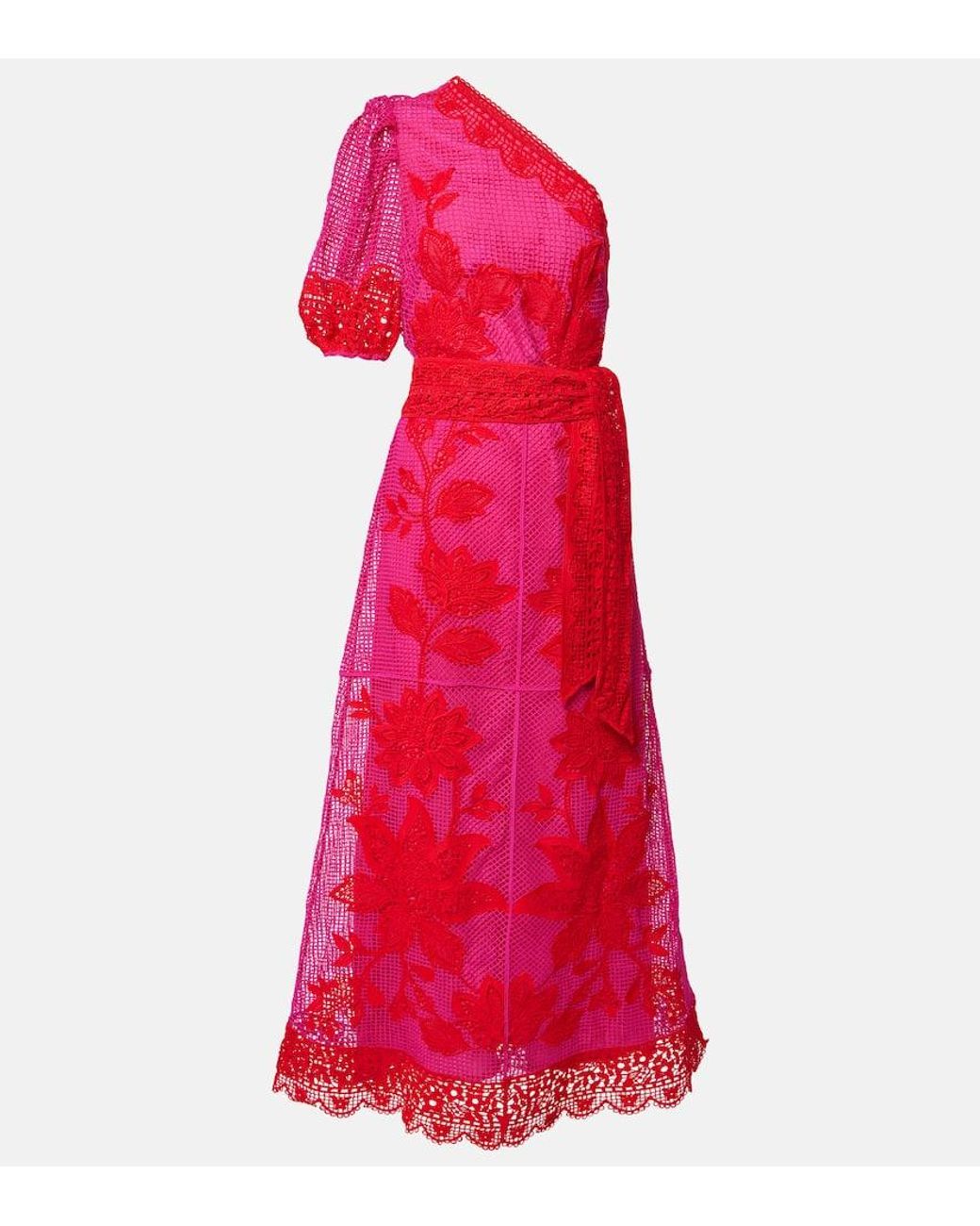 FARM Rio One-Shoulder Guipure Lace Maxi Dress in Red | Lyst