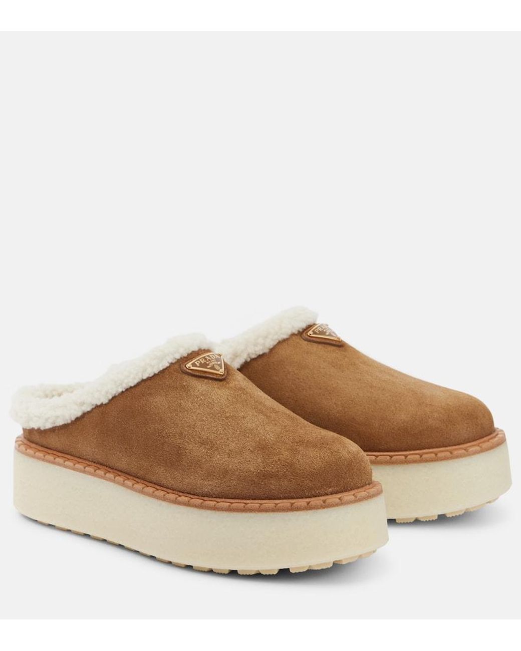 Prada Evolve Shearling-Lined Suede Platform Mules in Brown | Lyst