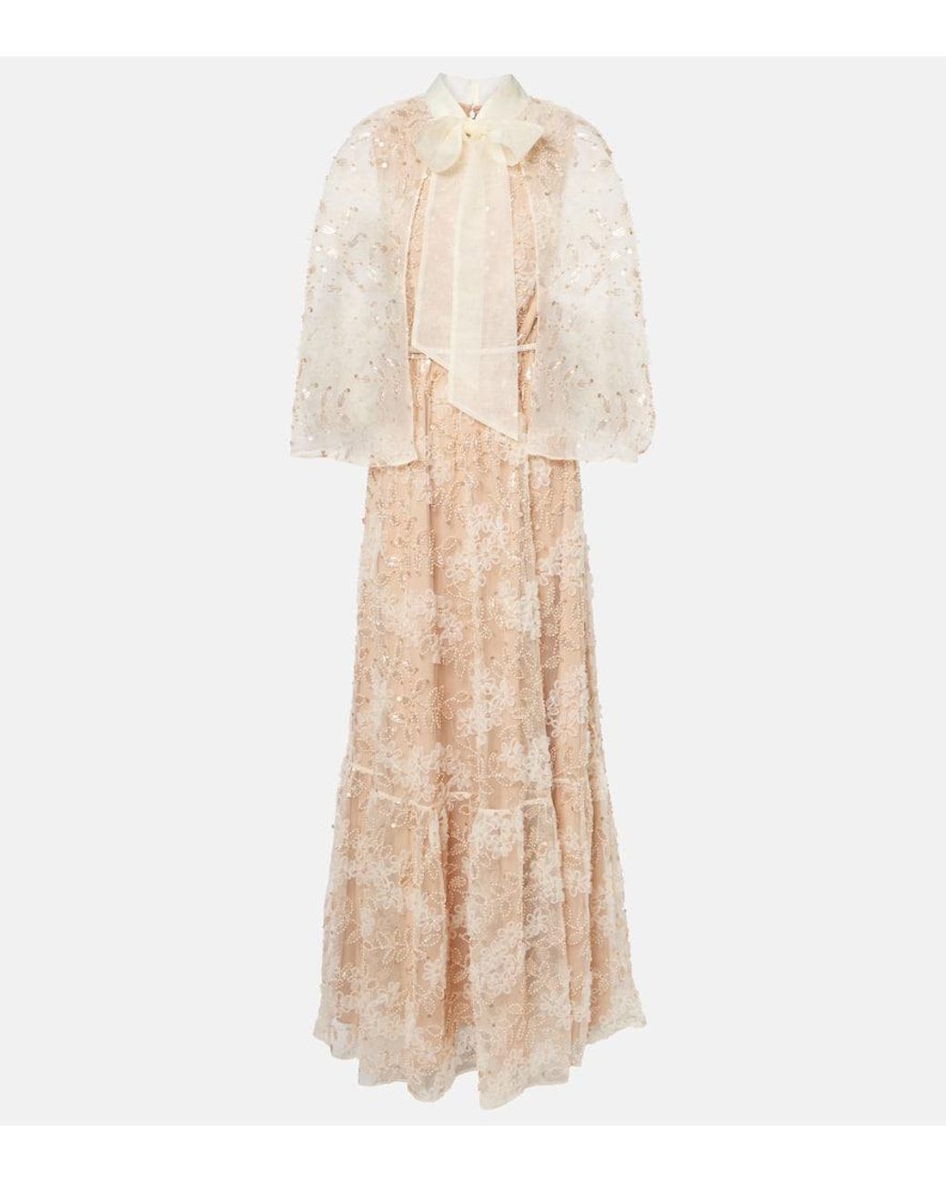 Self-Portrait Embroidered Caped Gown in Natural | Lyst