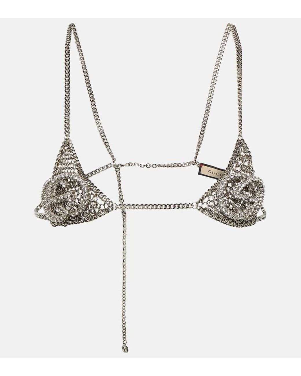 Gucci Interlocking G Embellished Chain Bra in Metallic | Lyst