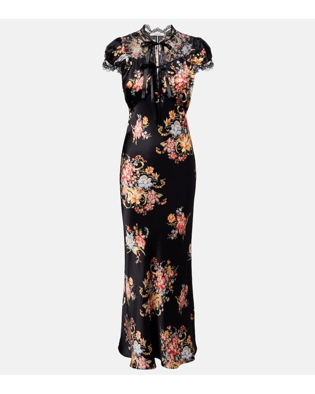 Rodarte Floral Lace-Trimmed Silk Midi Dress in Black | Lyst