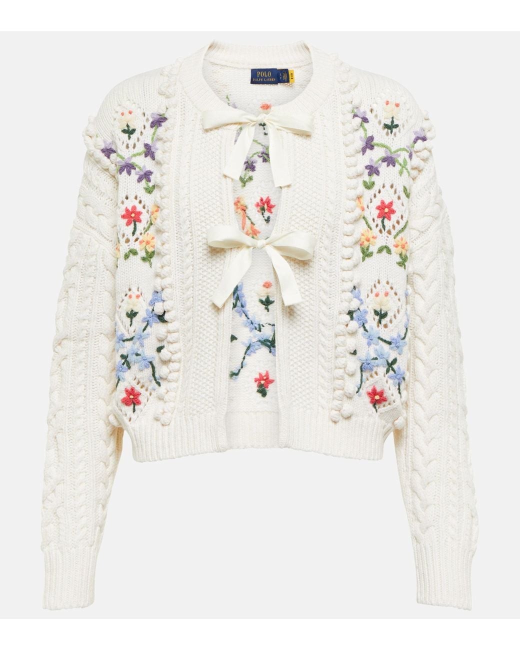 Polo Ralph Lauren Floral-embroidered Wool-blend Cardigan in White | Lyst UK