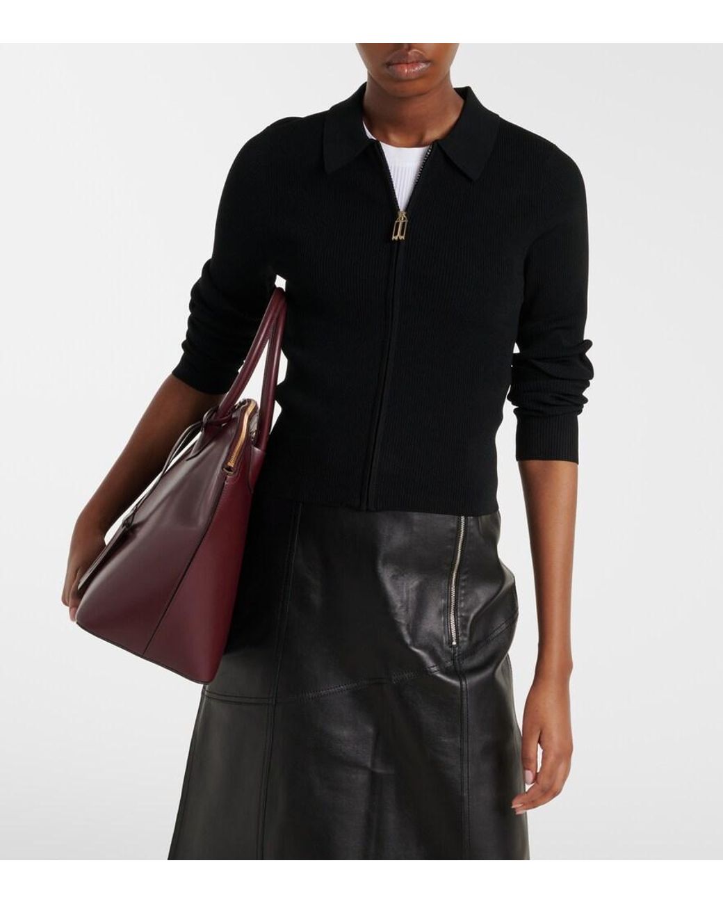 Victoria Beckham Mila Ribbed-Knit Zip-Up Top in Black | Lyst UK