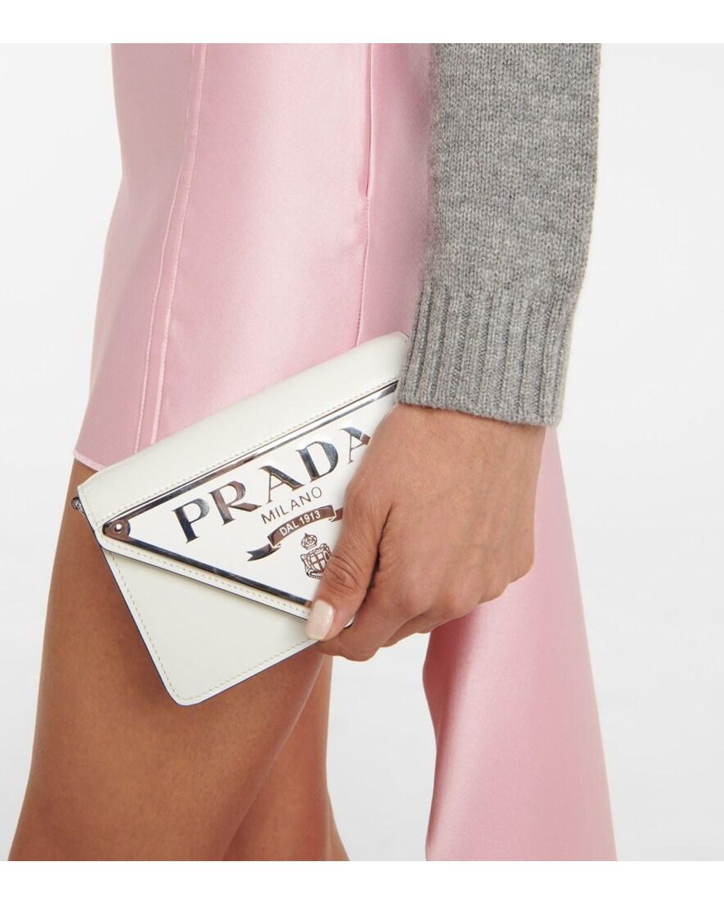 Prada Triangle Mini Leather Crossbody Bag in White | Lyst