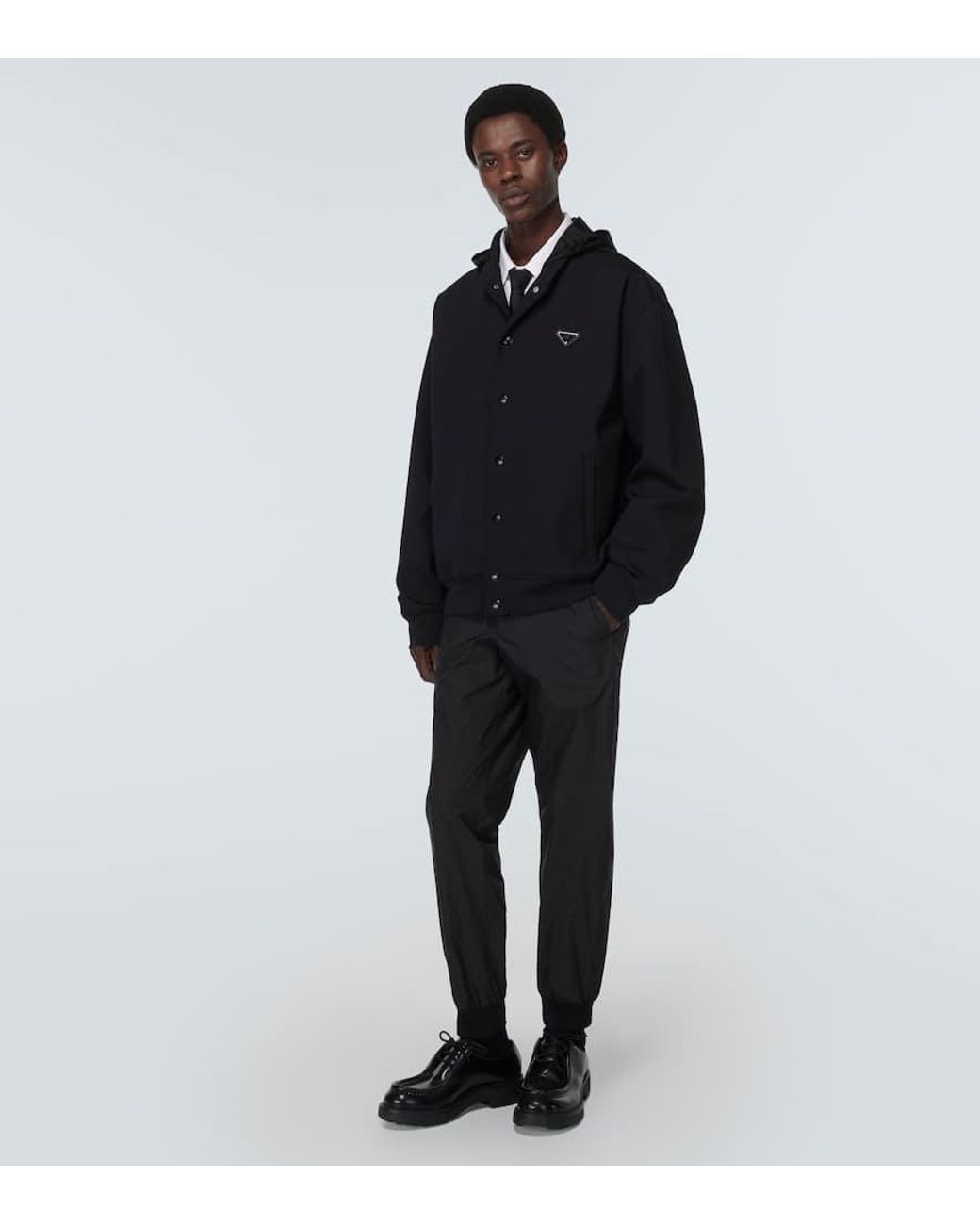 Prada Hooded Logo Bomber Jacket in Blue for Men | Lyst UK
