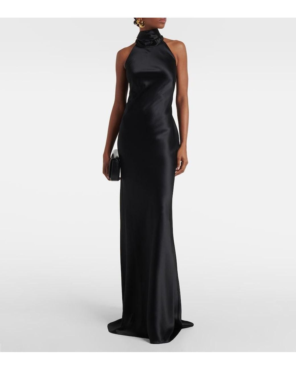 Ralph Lauren Chilton Halterneck Satin Gown in Black | Lyst