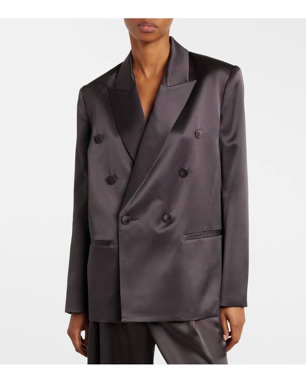 The Sei Double-Breasted Silk Satin Blazer in Black | Lyst UK