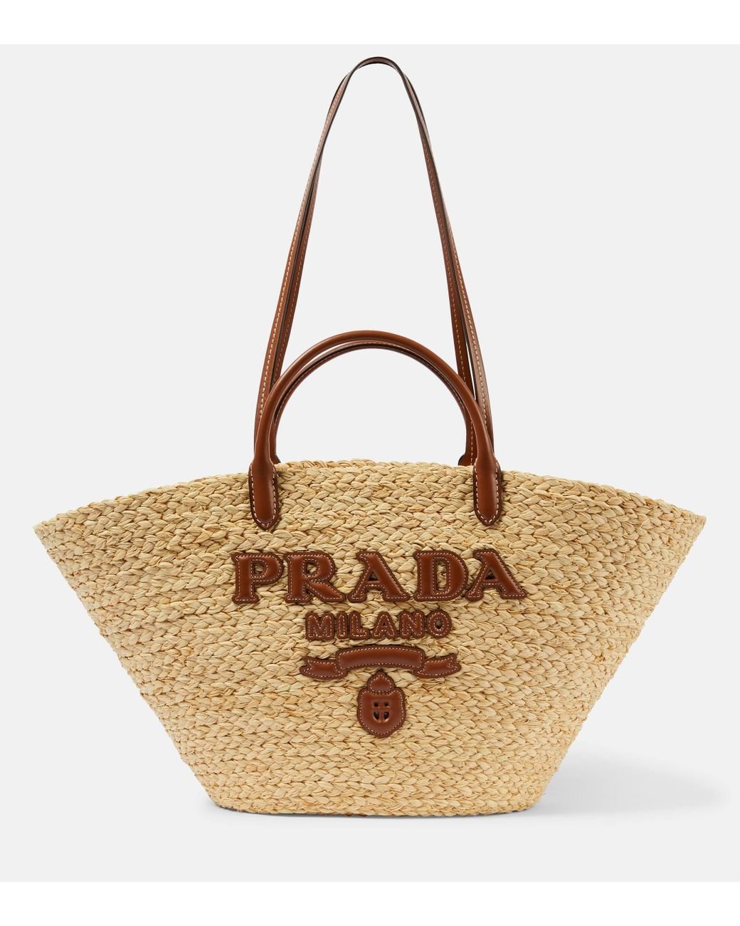 Prada Logo Leather-trimmed Raffia Basket Bag in Metallic | Lyst UK