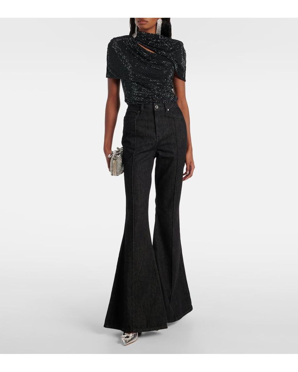 Self-Portrait Draped Embellished Mesh Top in Black | Lyst