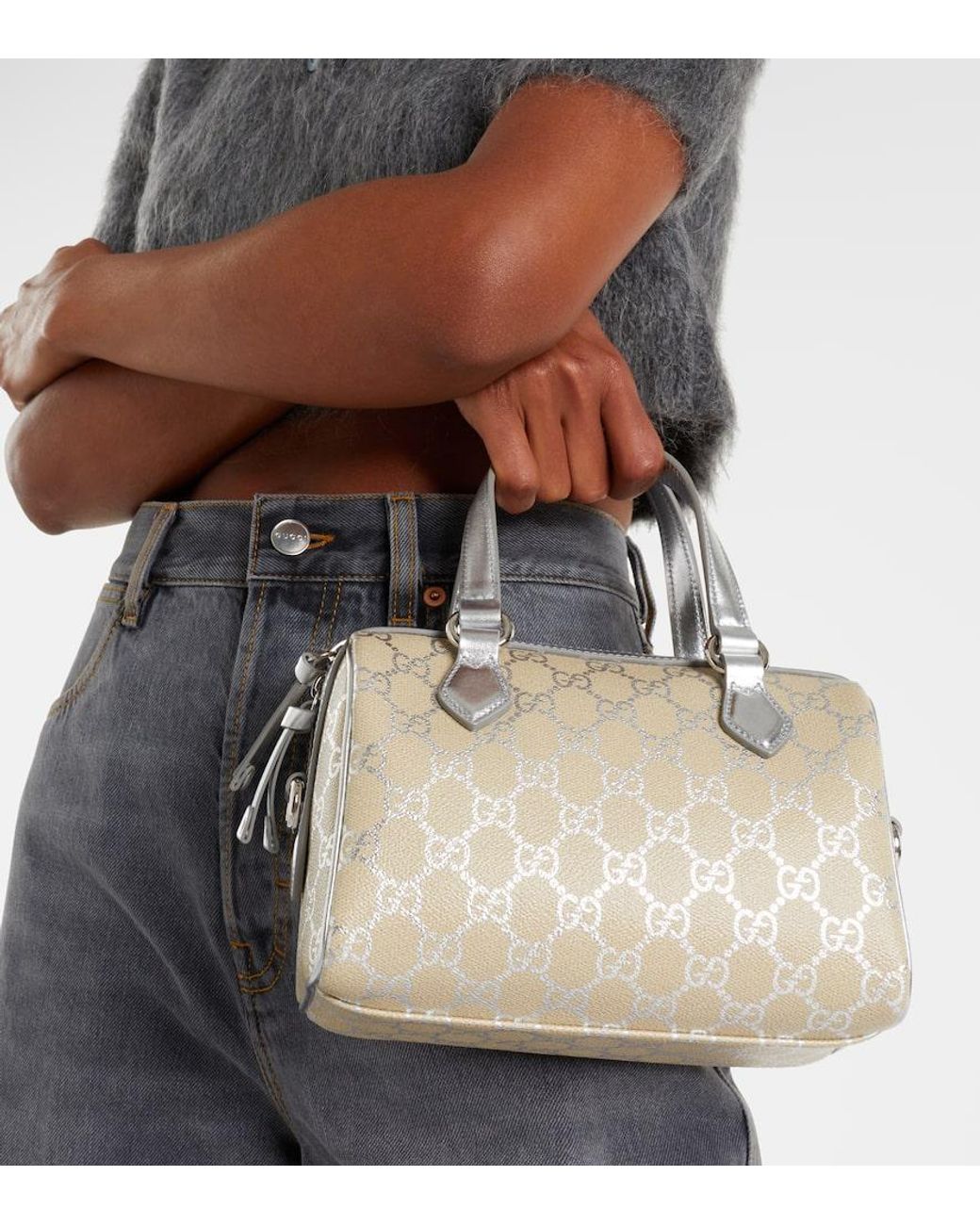 Gucci Gg Emblem Small Top-Handle Bag in Natural | Lyst