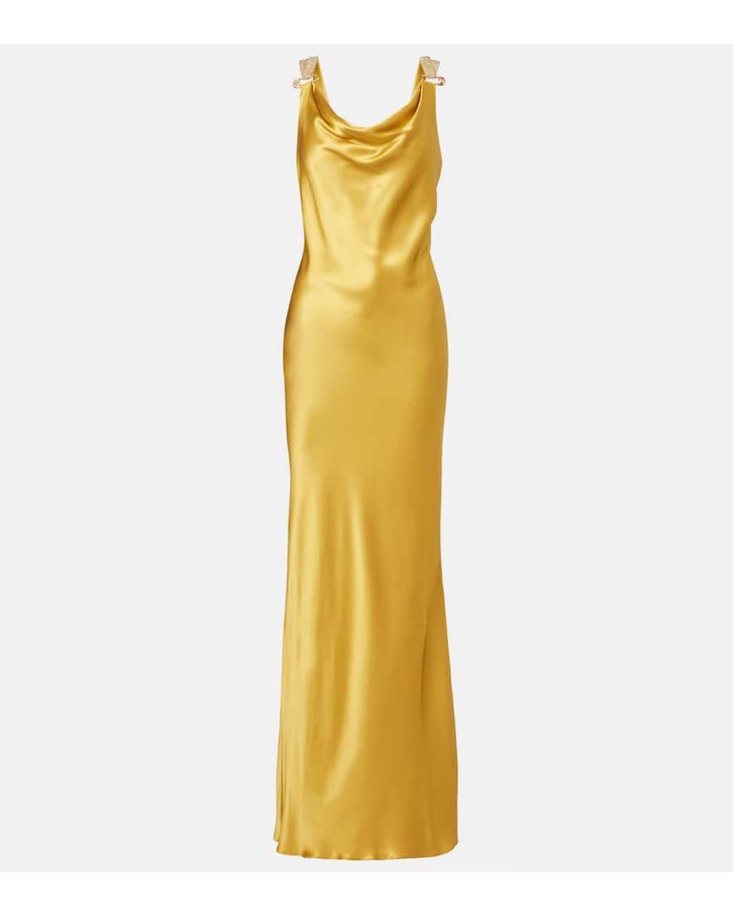 Versace Safety Pin Embellished Silk Satin Gown in Metallic | Lyst
