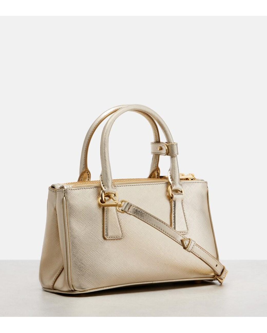 Prada Galleria Mini Metallic Leather Tote Bag in Natural | Lyst