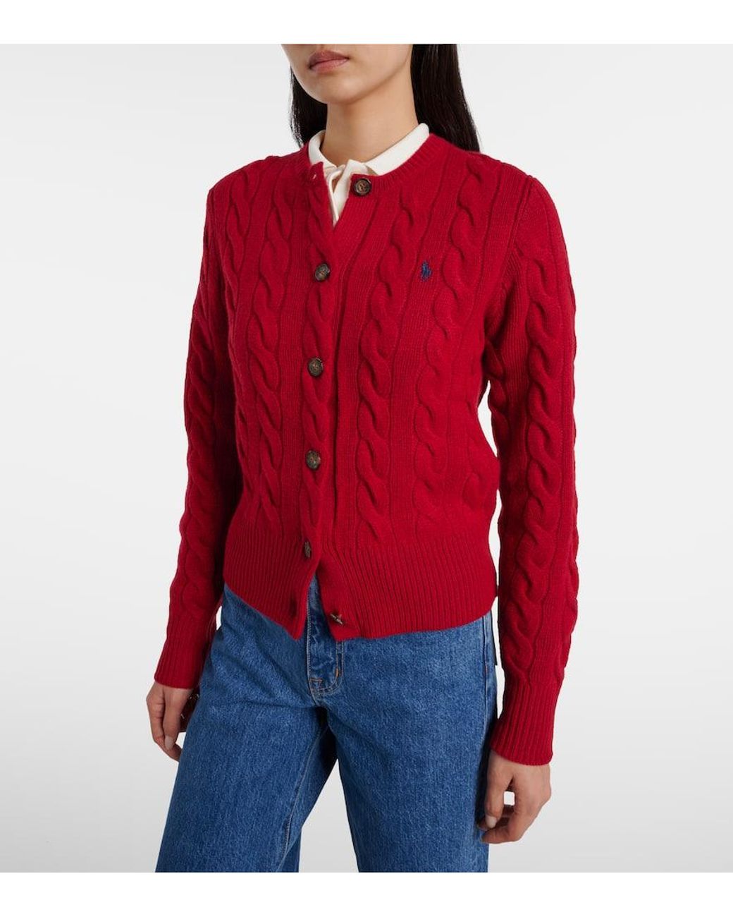 Polo Ralph Lauren Cable-Knit Wool And Cashmere Cardigan in Red | Lyst UK