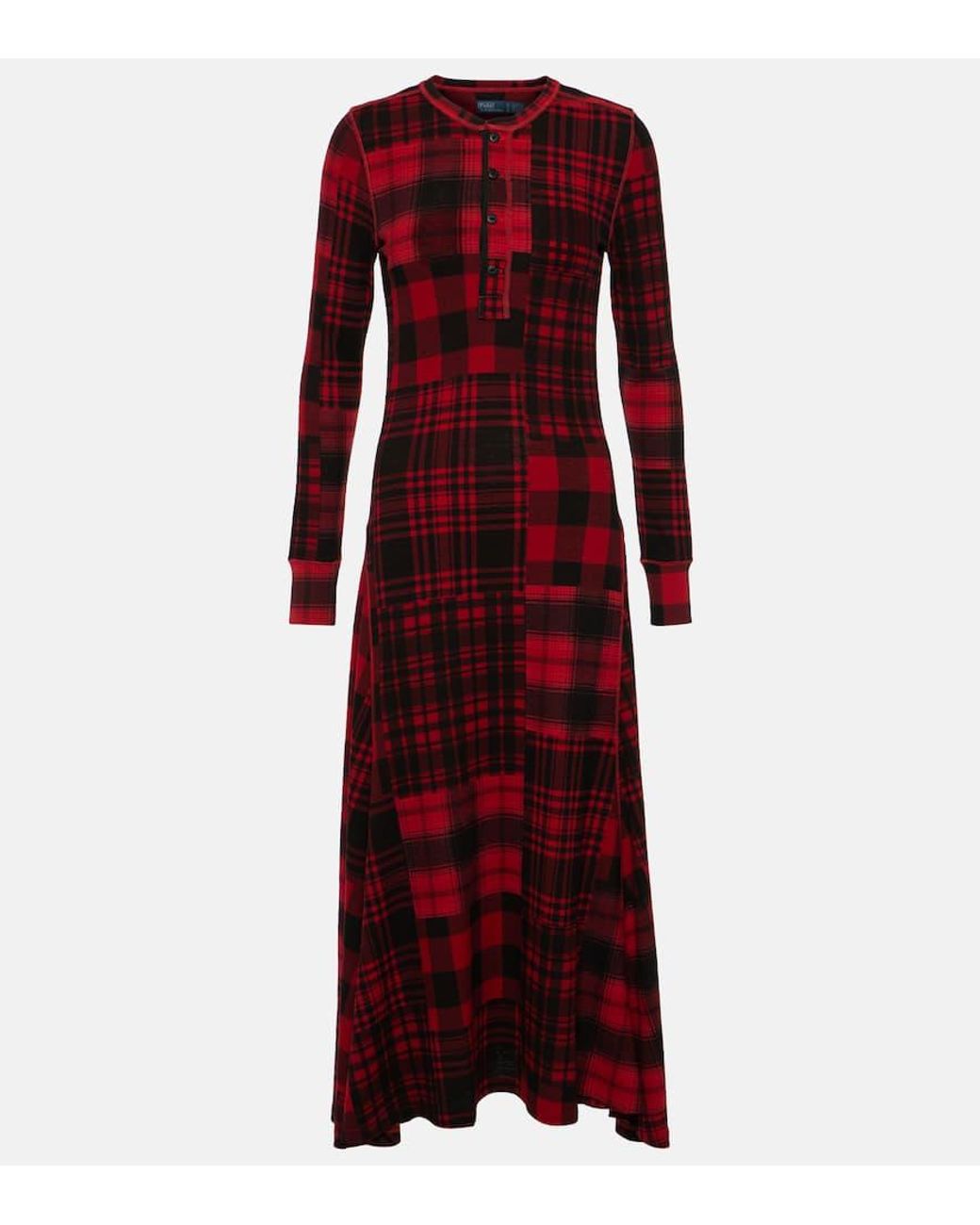 Polo Ralph Lauren Checked Cotton Maxi Dress in Red | Lyst