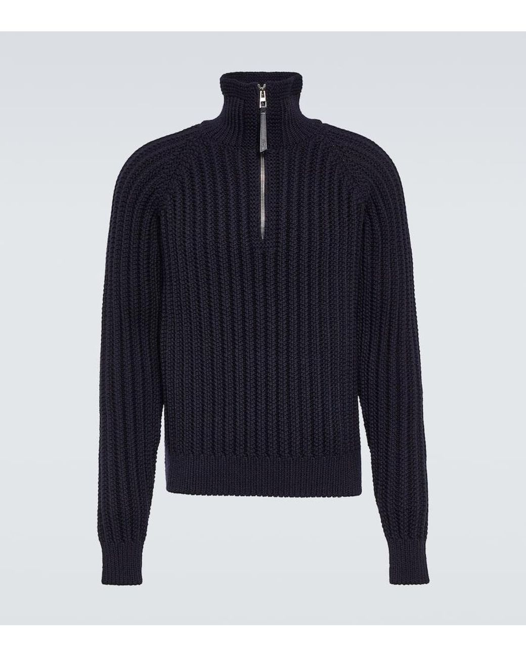 Loewe Ribbed-Knit Wool Half-Zip Sweater in Blue for Men | Lyst