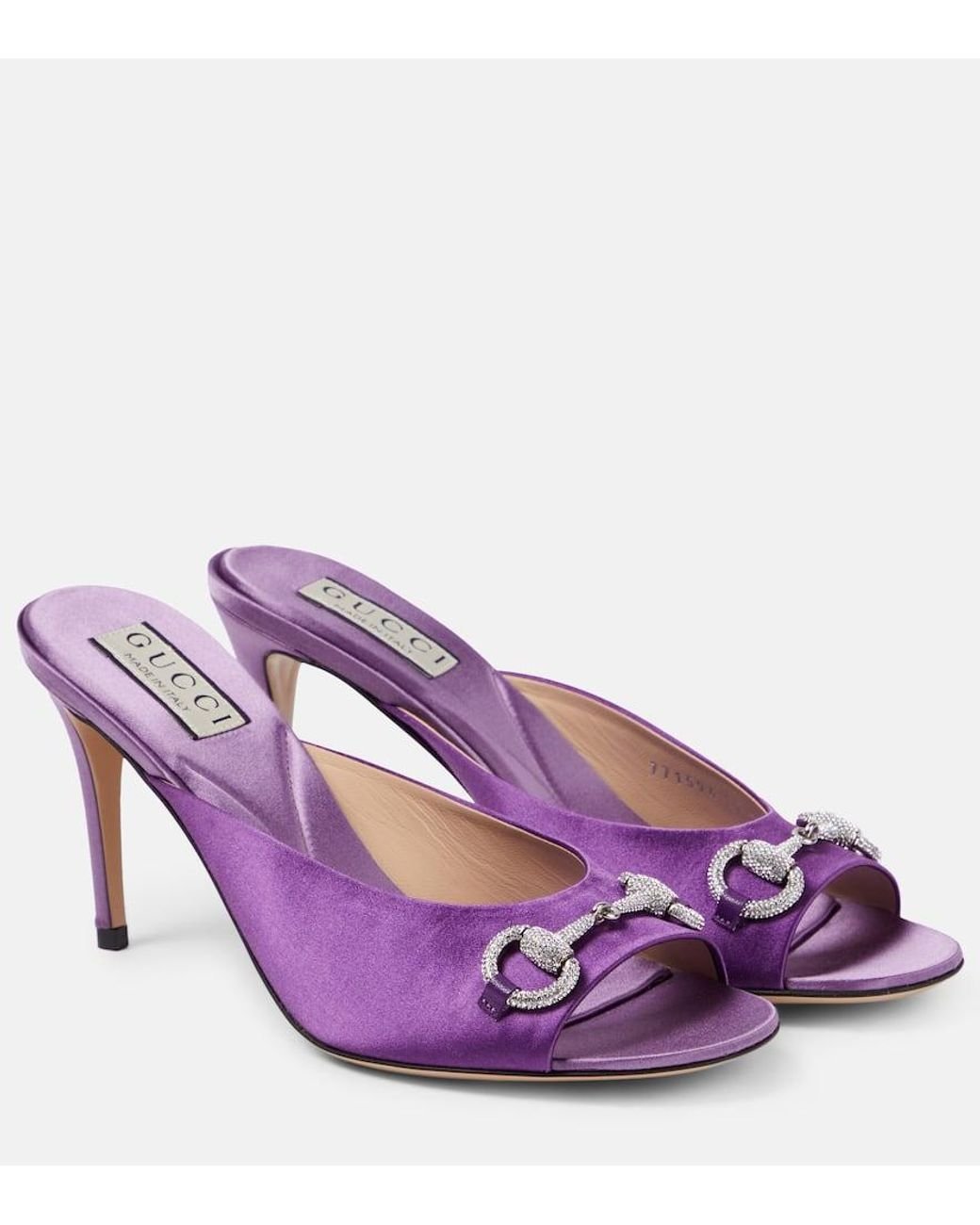 Gucci Horsebit Embellished Satin Mules in Purple | Lyst