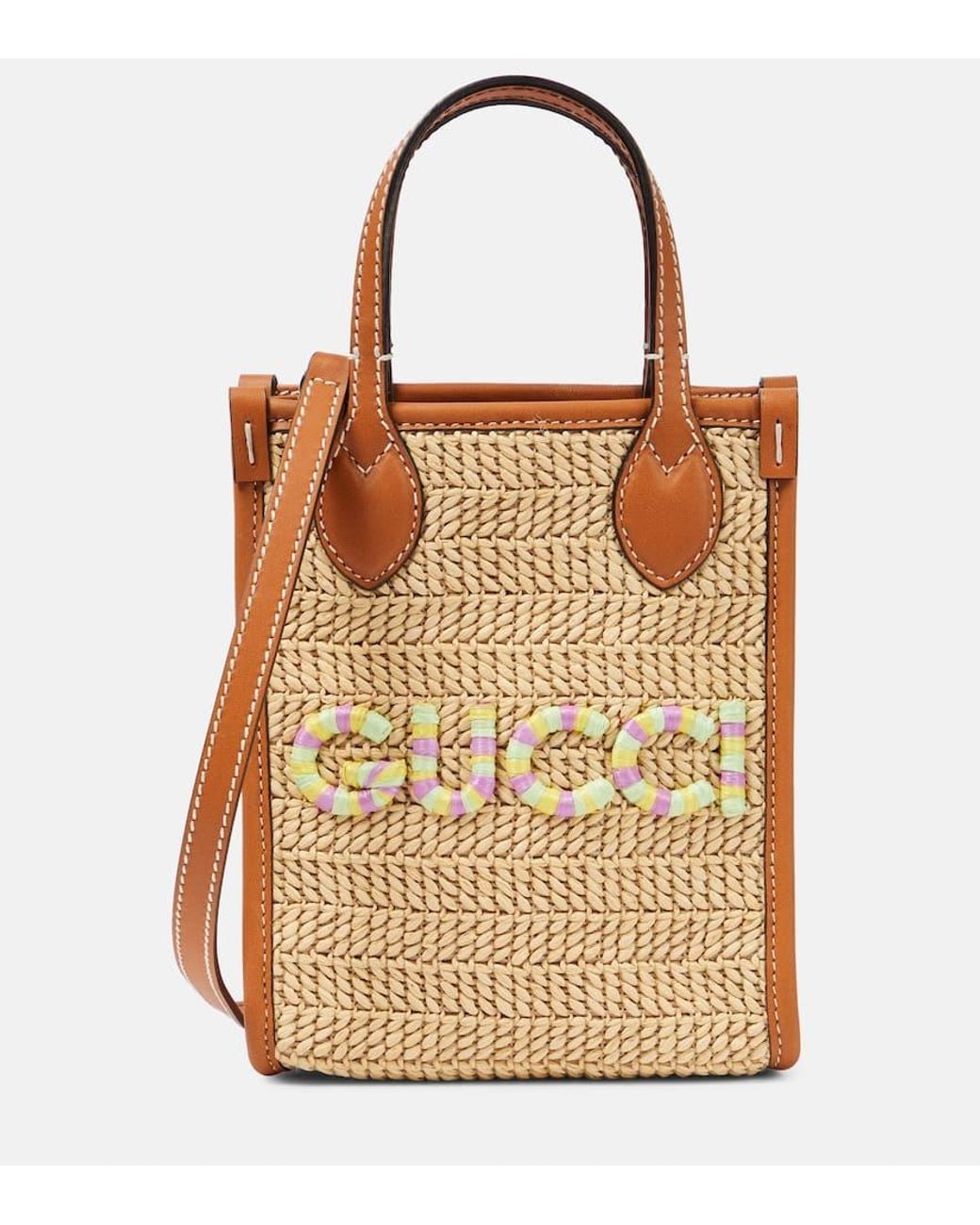 Gucci Mini Logo Raffia Tote Bag in Brown | Lyst