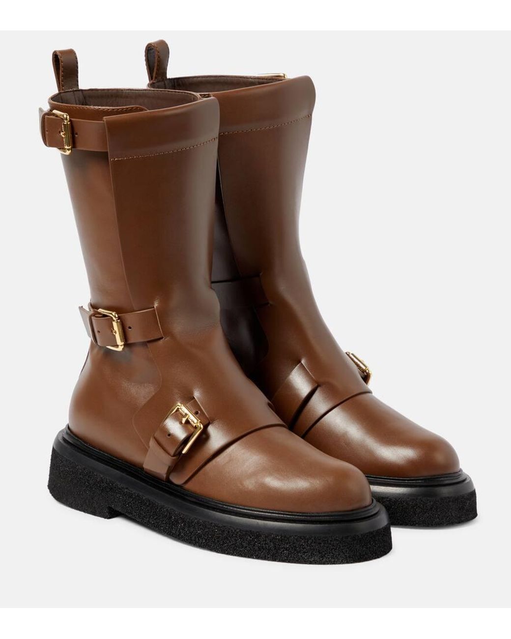 Max Mara Bucklesboot Leather Ankle Boots in Brown | Lyst