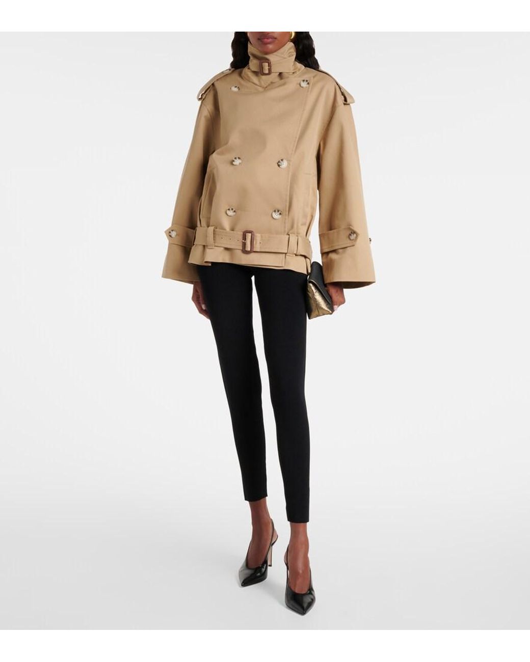 Self-Portrait Cropped Gabardine Trench Coat in Natural | Lyst