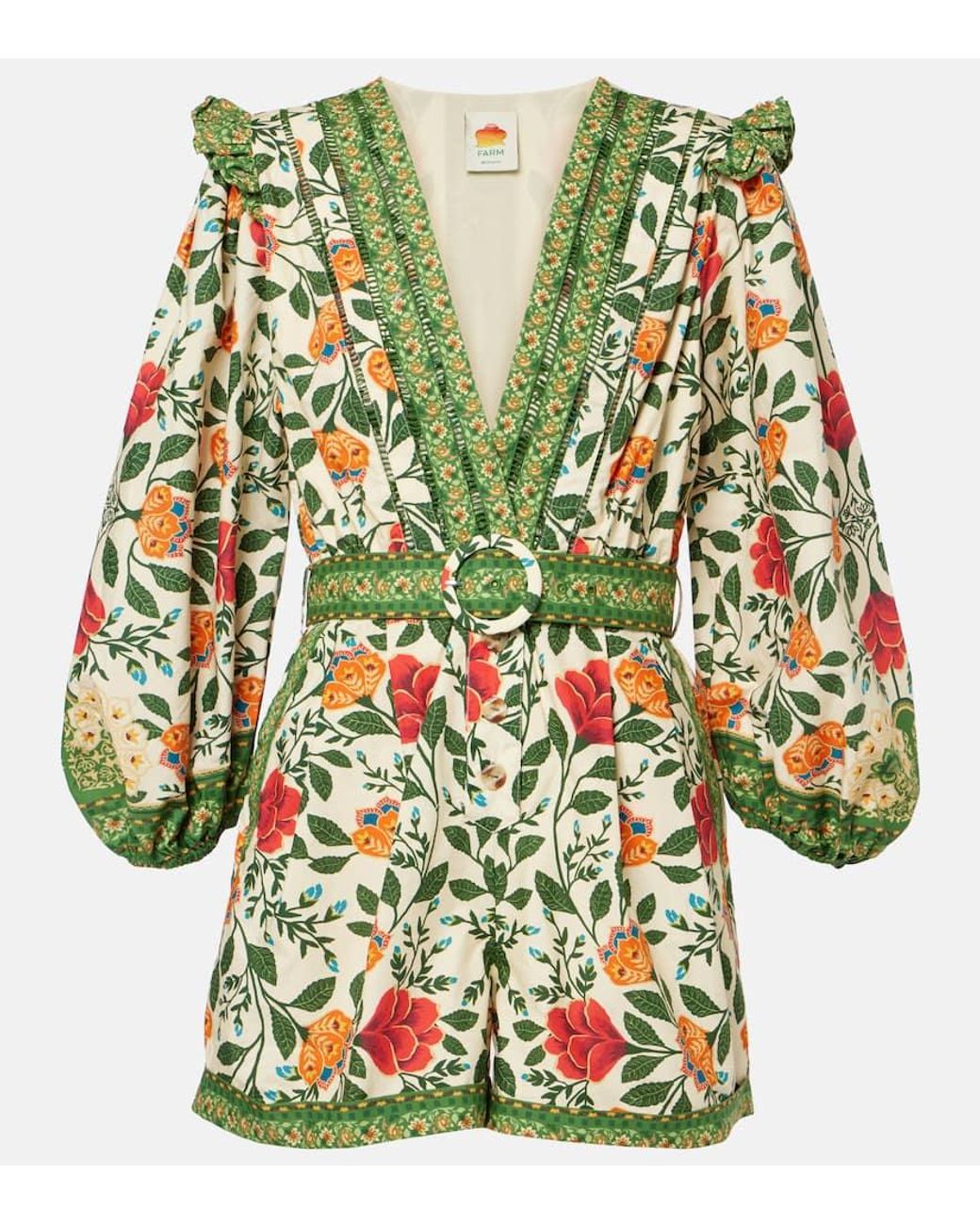 FARM Rio Floral Belted Cotton Romper in Green | Lyst