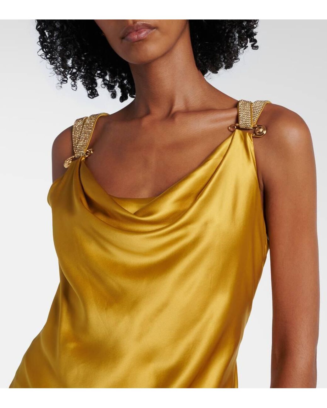 Versace Safety Pin Embellished Silk Satin Gown in Metallic | Lyst
